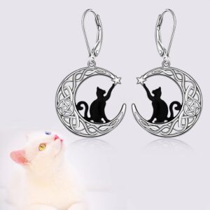 Black Cat Earrings for Women Sterling Silver Leverback Cute Animal Crescent Moon Celtic Knot Dangle Drop Earrings Hypoallergenic Cats Lover Halloween Gifts