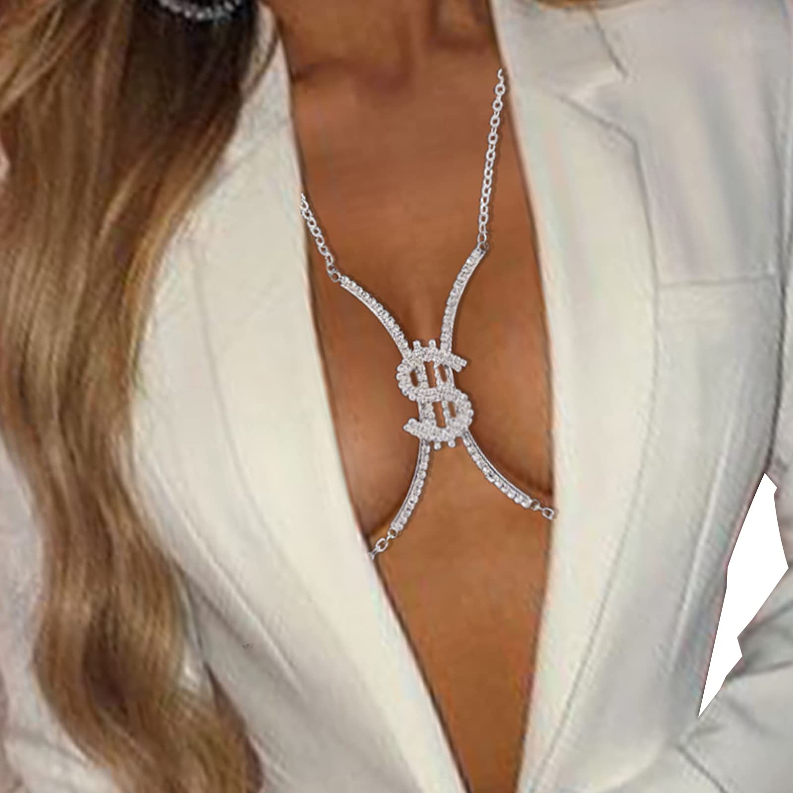 Rhinestone Chest Bracket Chain Crystal Dollar Sign Chest Chain Summer Bra Body Chain Sexy Bikini Waist Body Jewelry for Women (Silver)