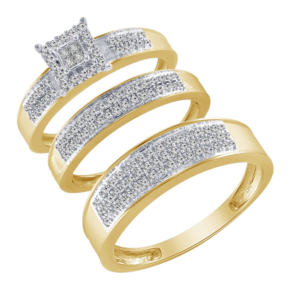 Pretty Jewels 10k Yellow Gold 0.47 Carat (cttw) Princess And Round White Diamond Double Halo Engagement Wedding Trio Ring Set For Him & Her (Color : H-I, Clarity : I1-I2), Wsize-9, Msize-10.5