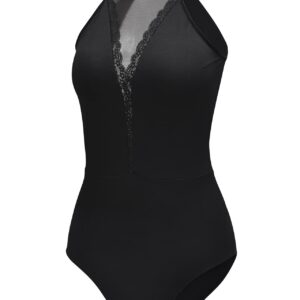 Dance Elite - Grand - Crew Neck Dance Leotard with mesh and lace. Leotards for Women Ballet and Dance (Adult S, Black)