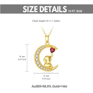 14K Gold Lucky Elephant Necklace with Garnet Moon Necklace with Moissanite Cute Animal Jewelry Gift for Women