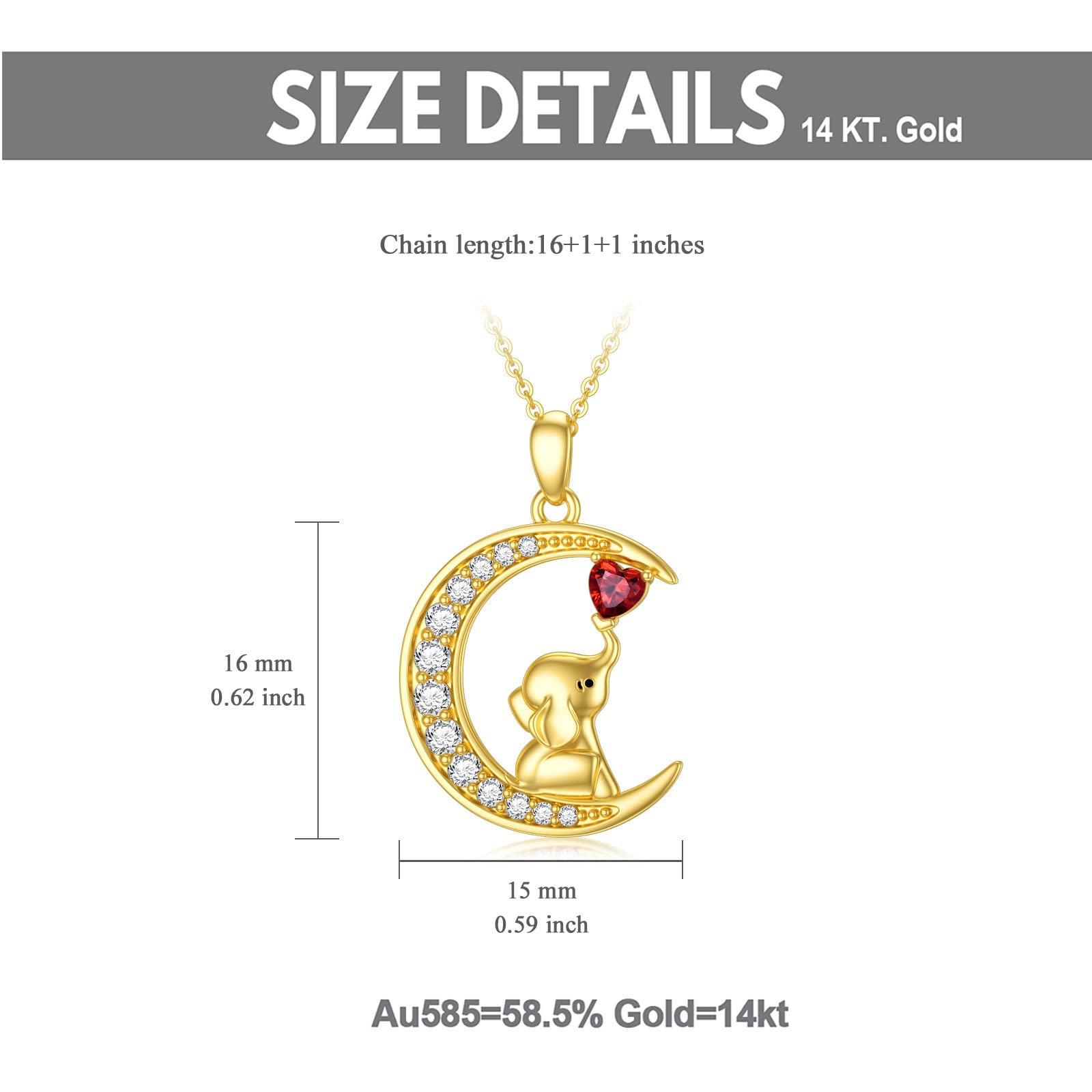 14K Gold Lucky Elephant Necklace with Garnet Moon Necklace with Moissanite Cute Animal Jewelry Gift for Women