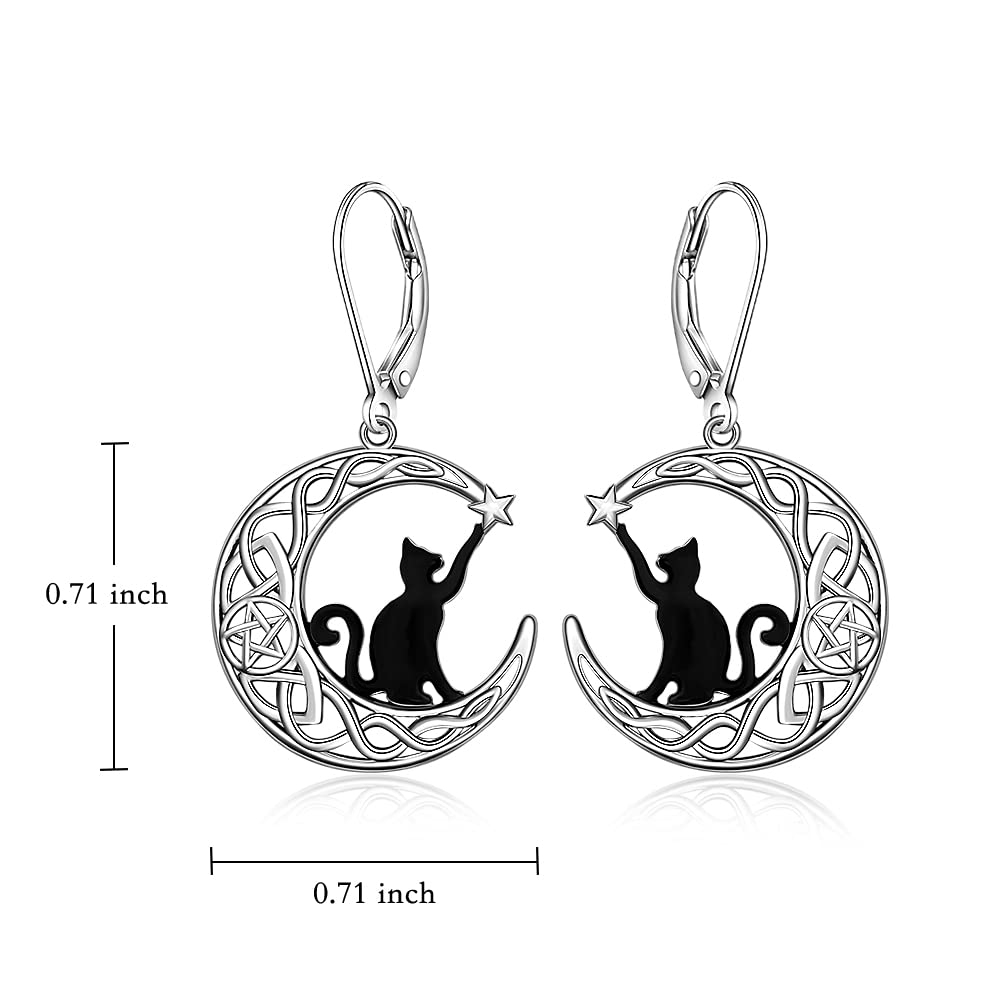 Black Cat Earrings for Women Sterling Silver Leverback Cute Animal Crescent Moon Celtic Knot Dangle Drop Earrings Hypoallergenic Cats Lover Halloween Gifts