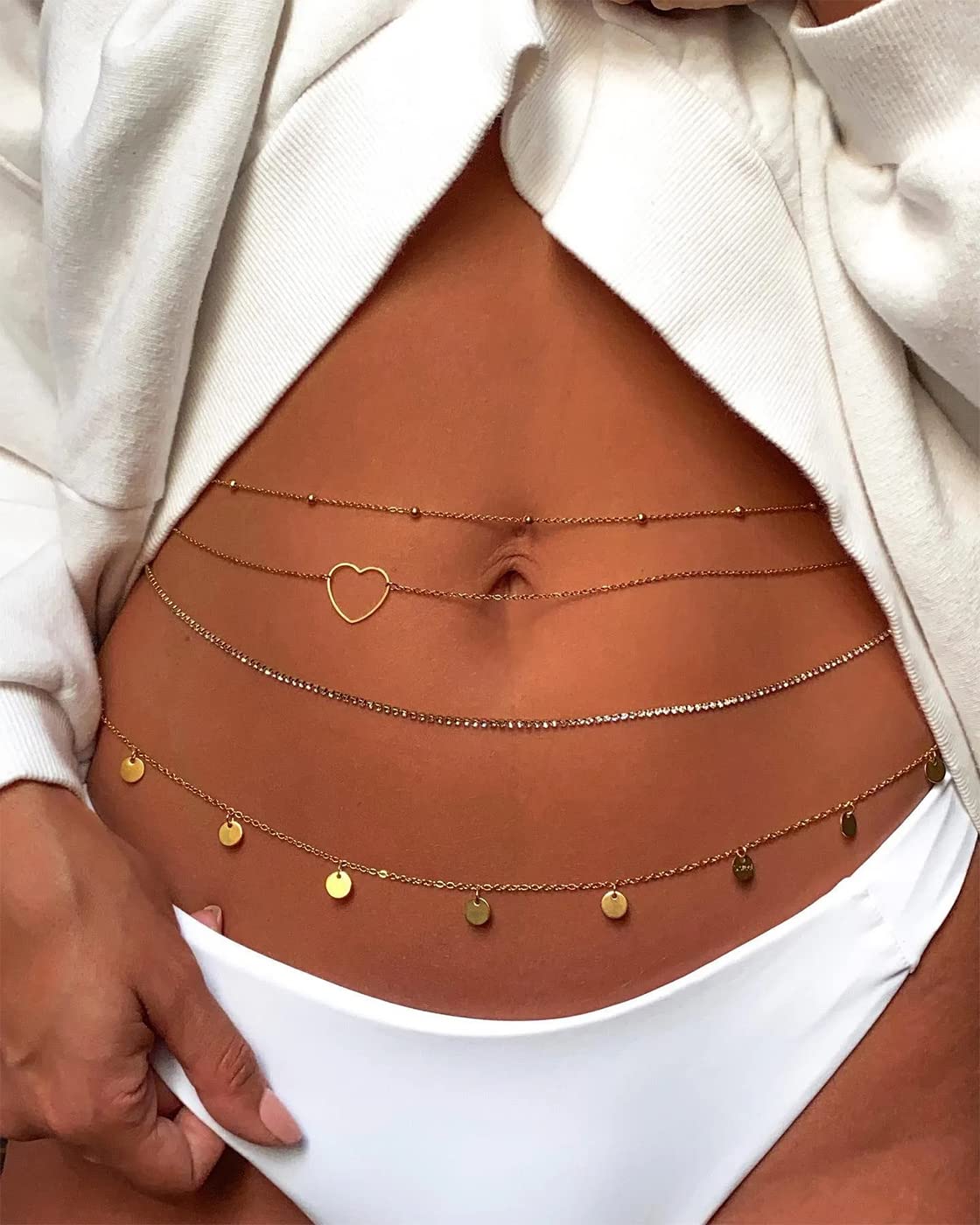 FUNEIA 12Pcs Beach Bikini Belly Chain for Women Boho Gold Waist Chain for Women Simple Boho Waist Beads Body Chain Summer Body Accessories Jewelry Adjustable