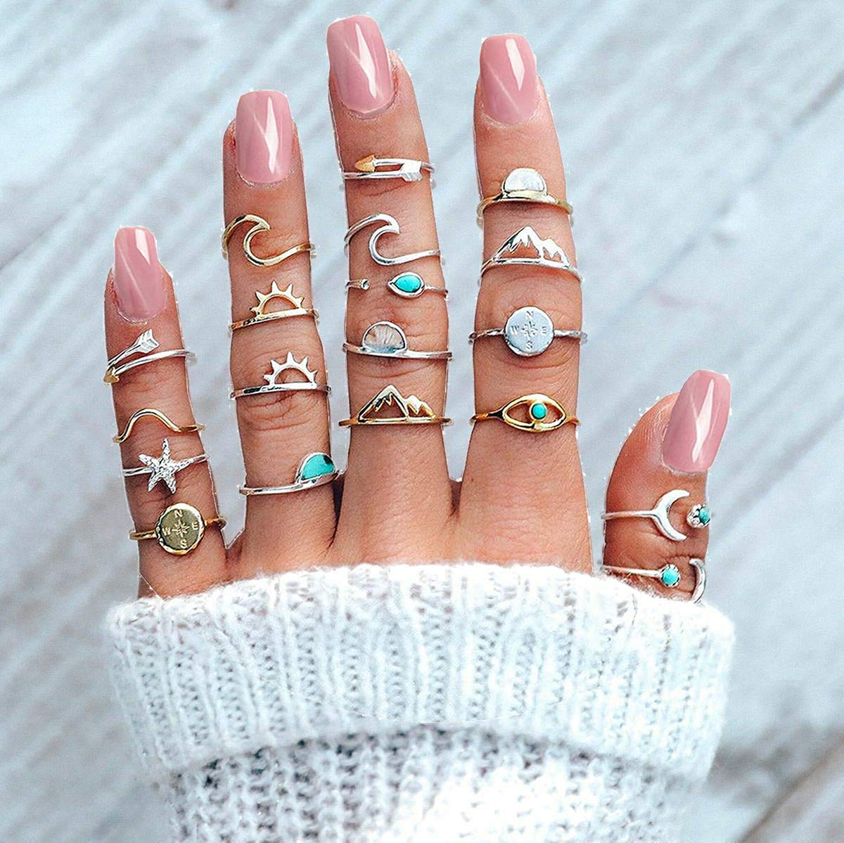 Vintage Silver Gold Knuckle Rings Set for Women, 74 Pcs Bohemian Stackable Joint Finger Rings, Hollow Carved Flowers Retro Stone Crystal Stacking Midi Rings Pack