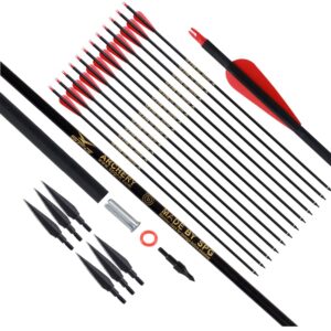 sopoger archery 30inch carbon arrows 12 pack and 6 pack hunting broadhead set archery arrow for compound bow & recurve bow spine 500 hunting arrow with removeable tips practice target shooting (red)