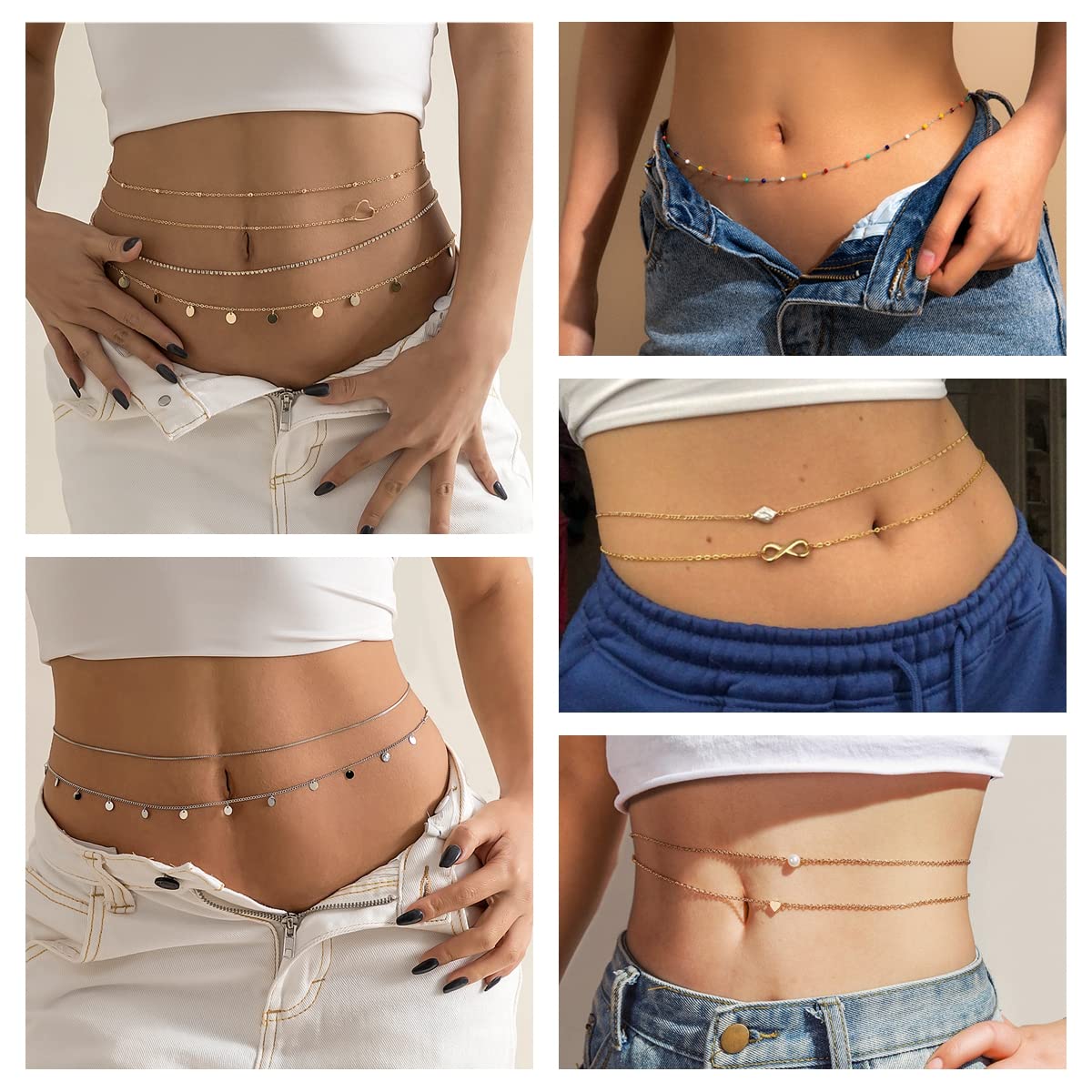 FUNEIA 12Pcs Beach Bikini Belly Chain for Women Boho Gold Waist Chain for Women Simple Boho Waist Beads Body Chain Summer Body Accessories Jewelry Adjustable