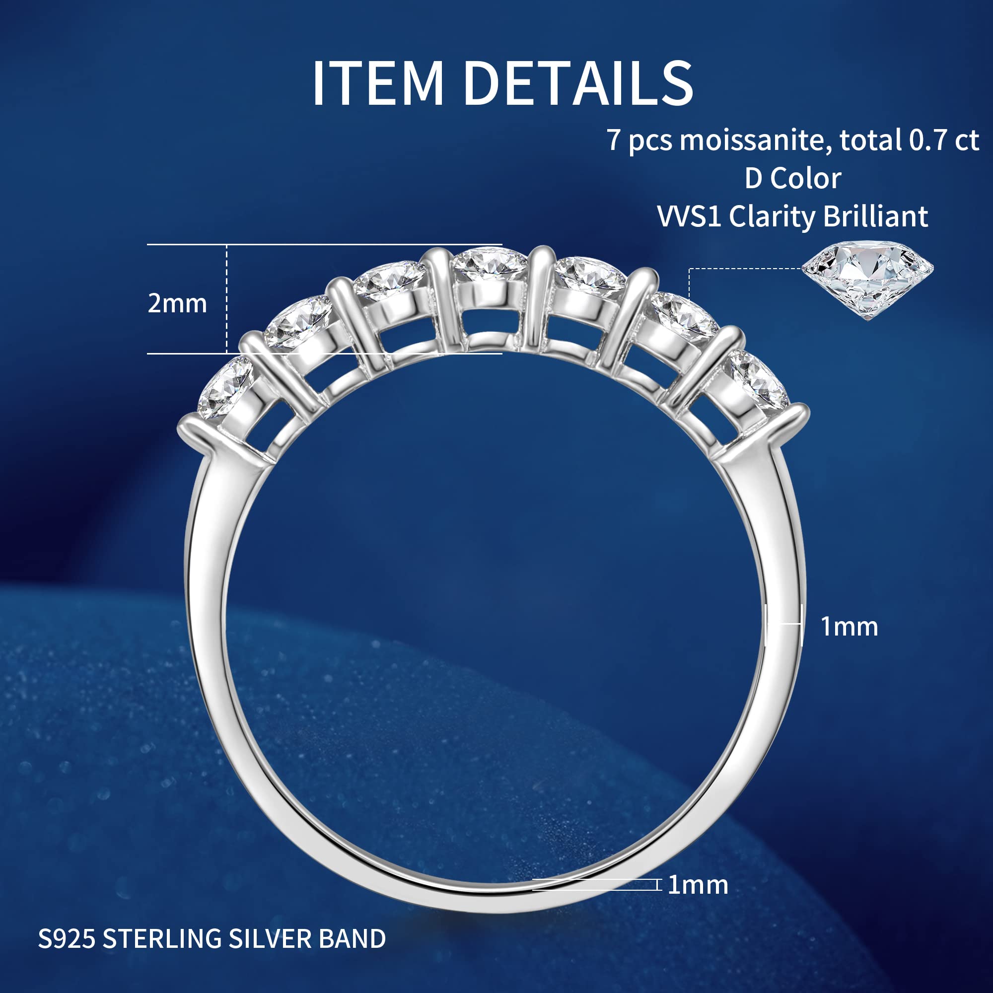 Kolmnurk Moissanite Wedding Band 7-Stone Eternity Ring for Women D Color VVS1 Lab Created Diamond Engagement Ring 925 Sterling Silver Stackable Ring size 5-16