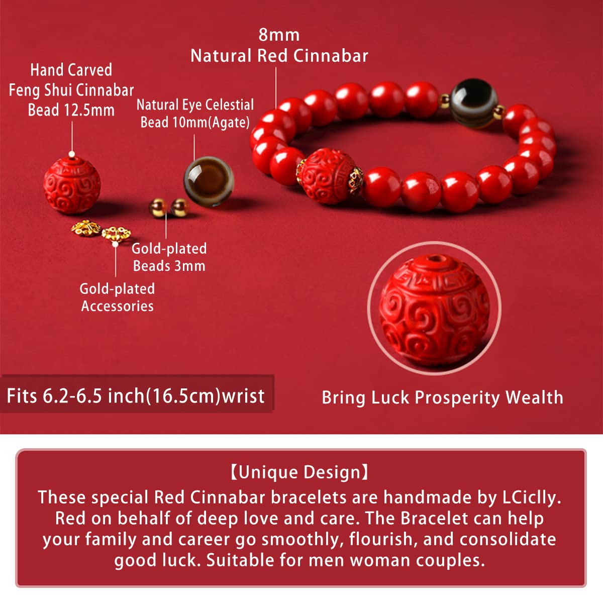 LCiclly Evil Eye Beaded Bracelet for Women, Feng Shui Wealth Bracelet Red Cinnabar Natural Crystal Onyx Relief Reiki Healing Stone Original Double Protection Red Strand Bracelet Bring Luck Prosperity