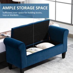 HOMCOM Button-Tufted Storage Ottoman Bench, Upholstered Bench with Rolled Armrests for Living Room or Hallway, Blue