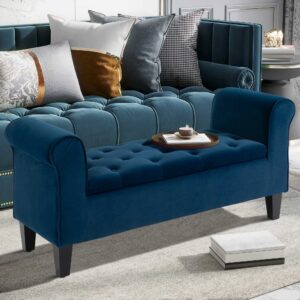 HOMCOM Button-Tufted Storage Ottoman Bench, Upholstered Bench with Rolled Armrests for Living Room or Hallway, Blue