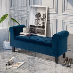 HOMCOM Button-Tufted Storage Ottoman Bench, Upholstered Bench with Rolled Armrests for Living Room or Hallway, Blue