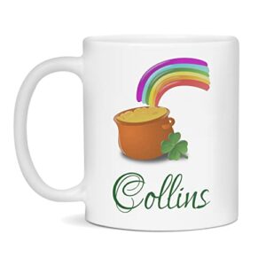 collins personalized shamrock st patrick's day pot of gold rainbow mug, 11-ounce white