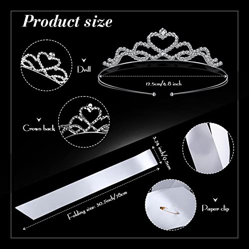 Juinte 12 set Sashes and Crown Set Satin Sashes for Pageants Rhinestone Prom Queen Tiara Crown White Blank Sash DIY for Birthday Wedding Beauty Pageant Prom Party Supplies(White, Silver)