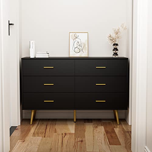 RESOM Black 6 Drawer Dresser for Bedroom, Wooden Black Double Dresser with Gold Handles, Modern Chest Dresser with Deep Drawers for Living Room, Hallway