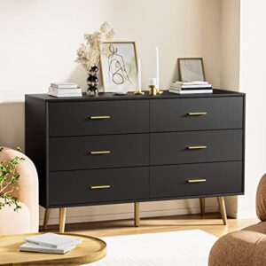 resom black 6 drawer dresser for bedroom, wooden black double dresser with gold handles, modern chest dresser with deep drawers for living room, hallway