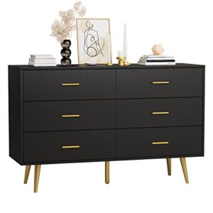 RESOM Black 6 Drawer Dresser for Bedroom, Wooden Black Double Dresser with Gold Handles, Modern Chest Dresser with Deep Drawers for Living Room, Hallway