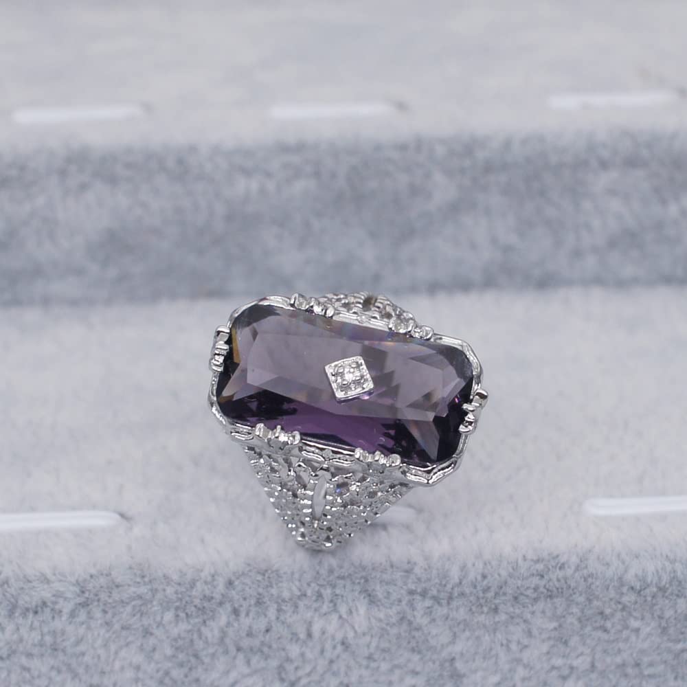 Luxury Fashion Rectangular Natural Amethyst Princess Ring in 925 Silver Openwork Square Perfect Cut Purple Gemstone Cubic Zirconia Ring CZ Eternity Engagement Wedding Ring Women's Sizes 6-10 582 (8)