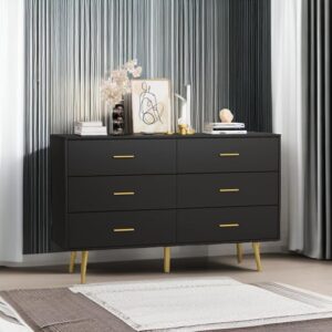 RESOM Black 6 Drawer Dresser for Bedroom, Wooden Black Double Dresser with Gold Handles, Modern Chest Dresser with Deep Drawers for Living Room, Hallway