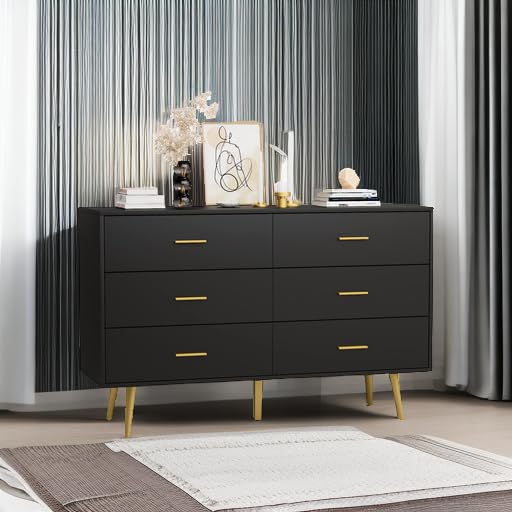 RESOM Black 6 Drawer Dresser for Bedroom, Wooden Black Double Dresser with Gold Handles, Modern Chest Dresser with Deep Drawers for Living Room, Hallway