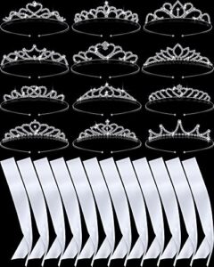 juinte 12 set sashes and crown set satin sashes for pageants rhinestone prom queen tiara crown white blank sash diy for birthday wedding beauty pageant prom party supplies(white, silver)