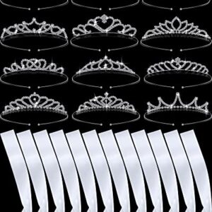 Juinte 12 set Sashes and Crown Set Satin Sashes for Pageants Rhinestone Prom Queen Tiara Crown White Blank Sash DIY for Birthday Wedding Beauty Pageant Prom Party Supplies(White, Silver)