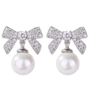 platinum plated bow tie style faux pearl statement wedding cocktail party dangle drop earrings (silver)