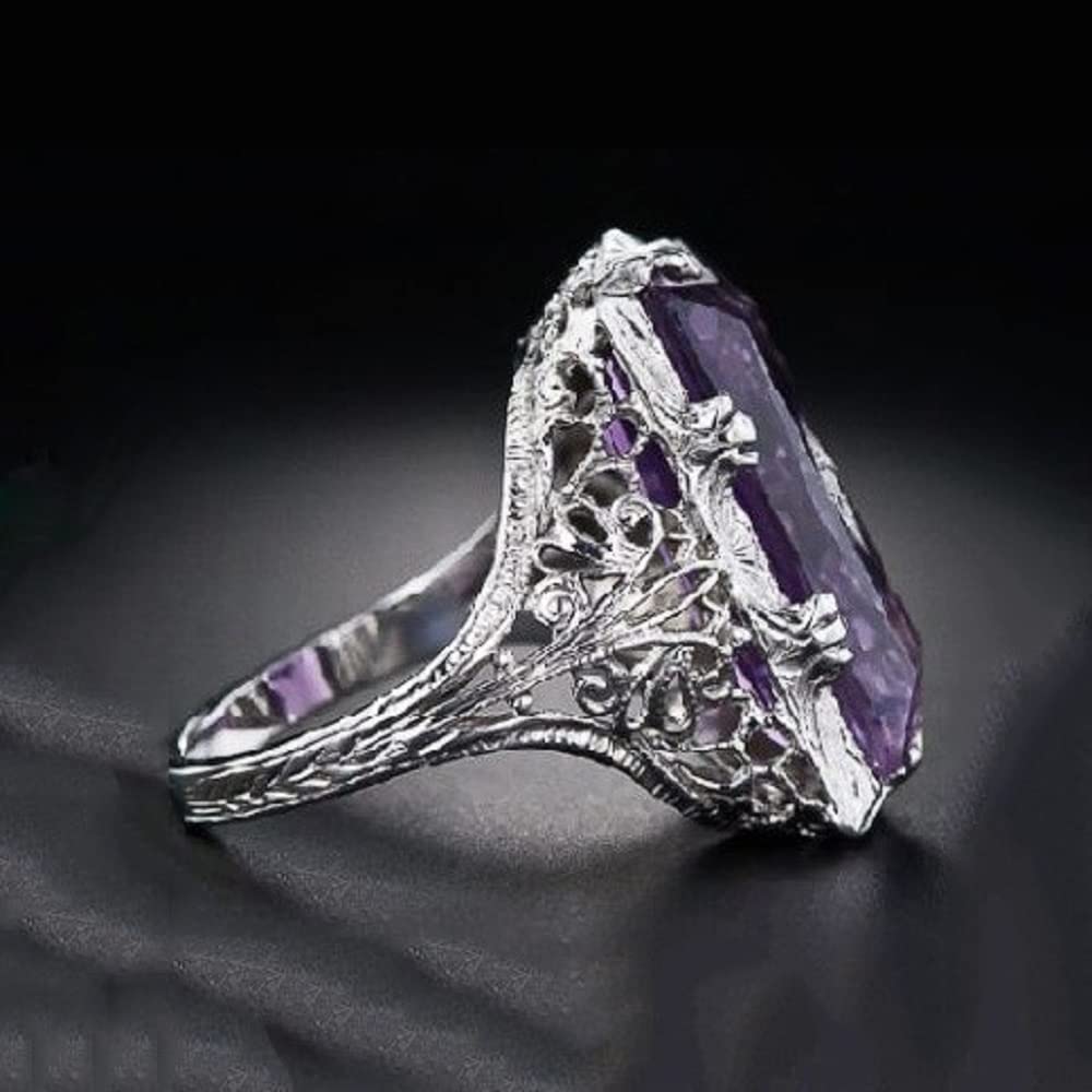 Luxury Fashion Rectangular Natural Amethyst Princess Ring in 925 Silver Openwork Square Perfect Cut Purple Gemstone Cubic Zirconia Ring CZ Eternity Engagement Wedding Ring Women's Sizes 6-10 582 (9)