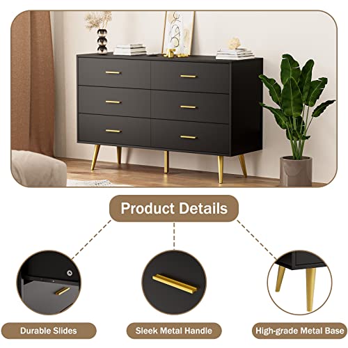 RESOM Black 6 Drawer Dresser for Bedroom, Wooden Black Double Dresser with Gold Handles, Modern Chest Dresser with Deep Drawers for Living Room, Hallway