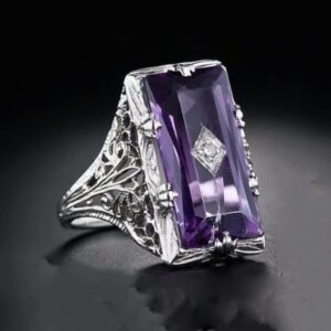 Luxury Fashion Rectangular Natural Amethyst Princess Ring in 925 Silver Openwork Square Perfect Cut Purple Gemstone Cubic Zirconia Ring CZ Eternity Engagement Wedding Ring Women's Sizes 6-10 582 (9)