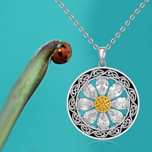 Talonior Daisy Necklace for Women Sterling Silver Celtic Knot Birth Flower Sunflower Necklace Pendant Cubic Zirconia Sunshine Daisy Jewelry Gifts