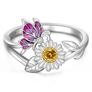 fenthring daisy ring butterfly gifts for women flower jewelry sunflower sterling silver engagement dainty cubic zirconia cute rings size 7