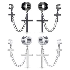 longbeauty 2 pairs surgical steel dangle cross ear tunnels fashion ear gauges plugs expander stretchers piercings black & silver 1/2"