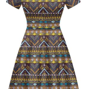 ENLACHIC Women's Traditional Aztec Print V Neck Short Sleeve A-line Swing Midi Dress,Yellow African Aztec,3XL