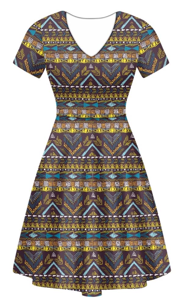 ENLACHIC Women's Traditional Aztec Print V Neck Short Sleeve A-line Swing Midi Dress,Yellow African Aztec,3XL