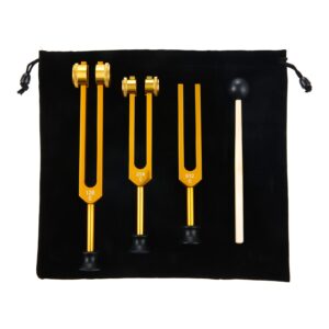 tuning fork set(128hz, 256hz, 512hz), tuning fork instrument for chakra with hammer, storage bag and cleaning cloth, gold