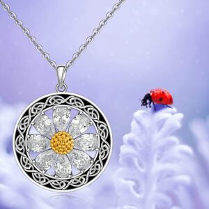 Talonior Daisy Necklace for Women Sterling Silver Celtic Knot Birth Flower Sunflower Necklace Pendant Cubic Zirconia Sunshine Daisy Jewelry Gifts