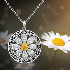 Talonior Daisy Necklace for Women Sterling Silver Celtic Knot Birth Flower Sunflower Necklace Pendant Cubic Zirconia Sunshine Daisy Jewelry Gifts