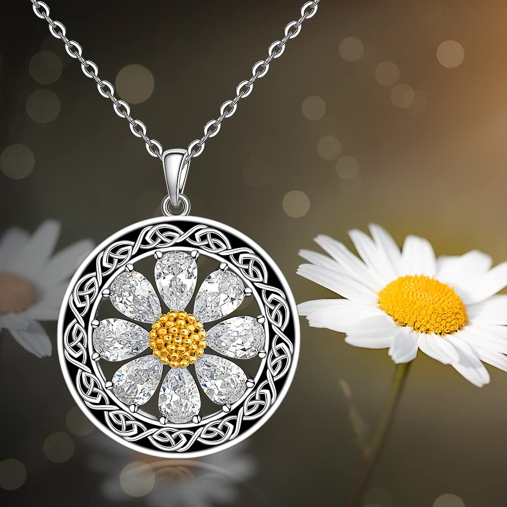 Talonior Daisy Necklace for Women Sterling Silver Celtic Knot Birth Flower Sunflower Necklace Pendant Cubic Zirconia Sunshine Daisy Jewelry Gifts