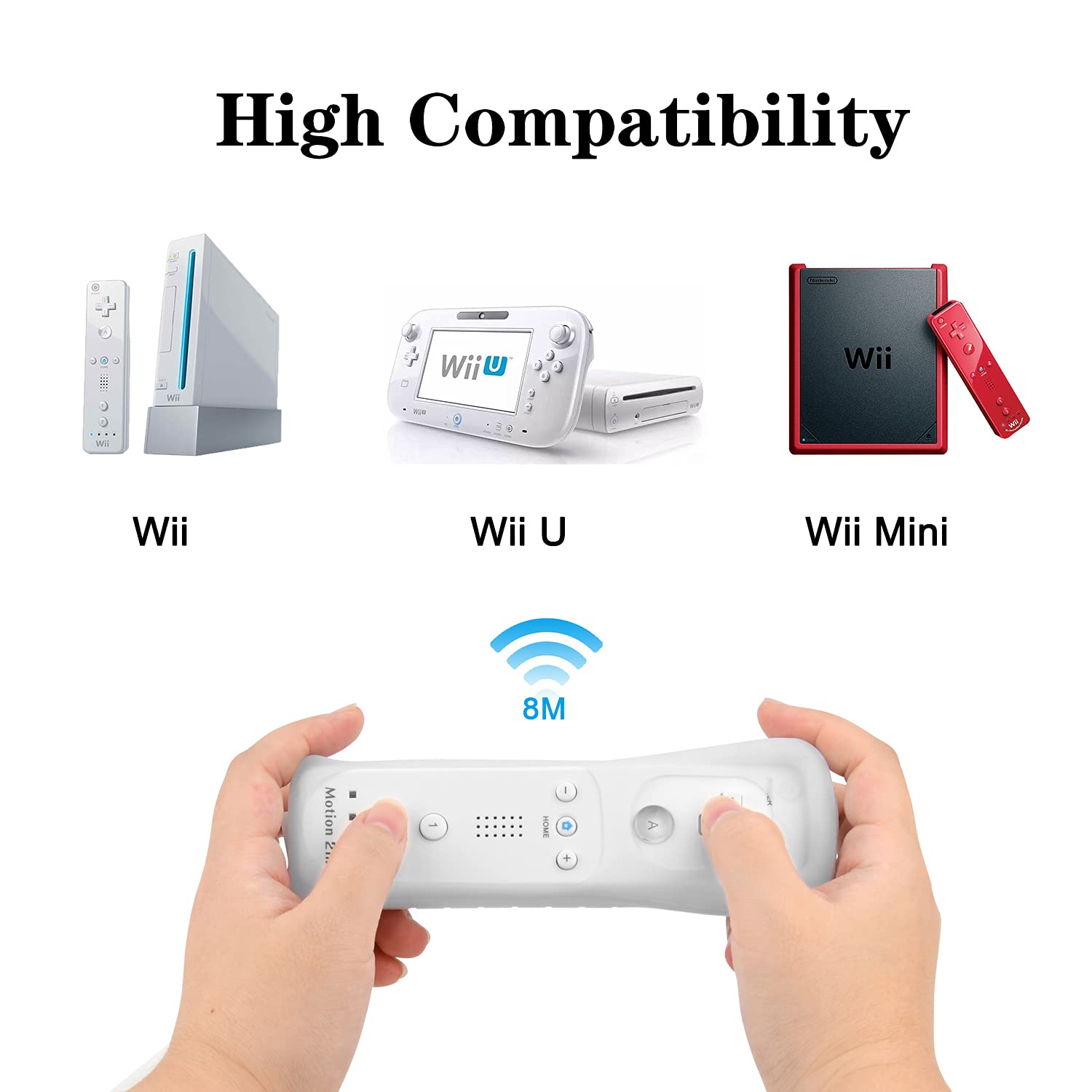 2 Pack Wii Remote Controller with Motion Plus, Wireless Controller for Nintendo Wii and Wii U, with Silicone Case and Wrist Strap, No Nunchucks