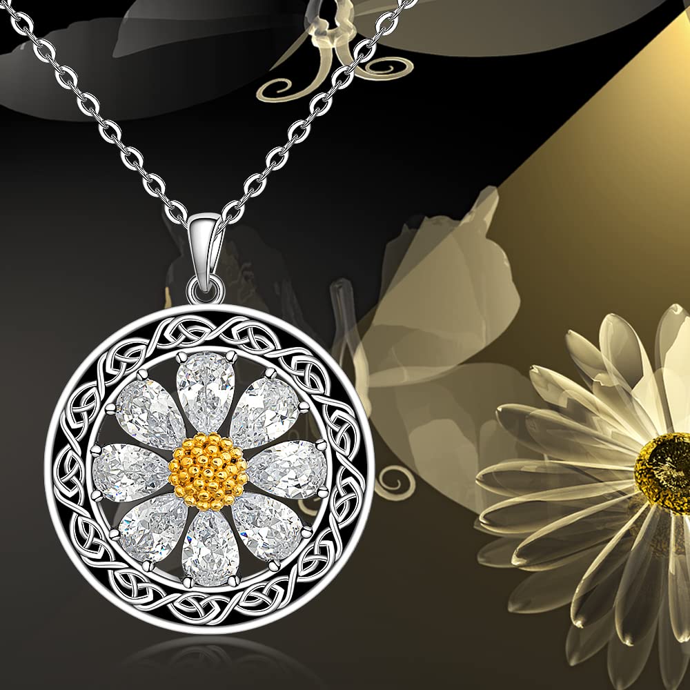 Talonior Daisy Necklace for Women Sterling Silver Celtic Knot Birth Flower Sunflower Necklace Pendant Cubic Zirconia Sunshine Daisy Jewelry Gifts