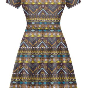 ENLACHIC Women's Traditional Aztec Print V Neck Short Sleeve A-line Swing Midi Dress,Yellow African Aztec,3XL