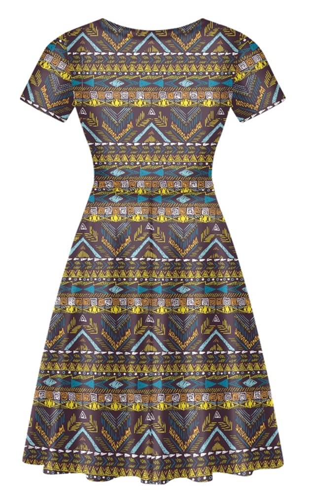 ENLACHIC Women's Traditional Aztec Print V Neck Short Sleeve A-line Swing Midi Dress,Yellow African Aztec,3XL