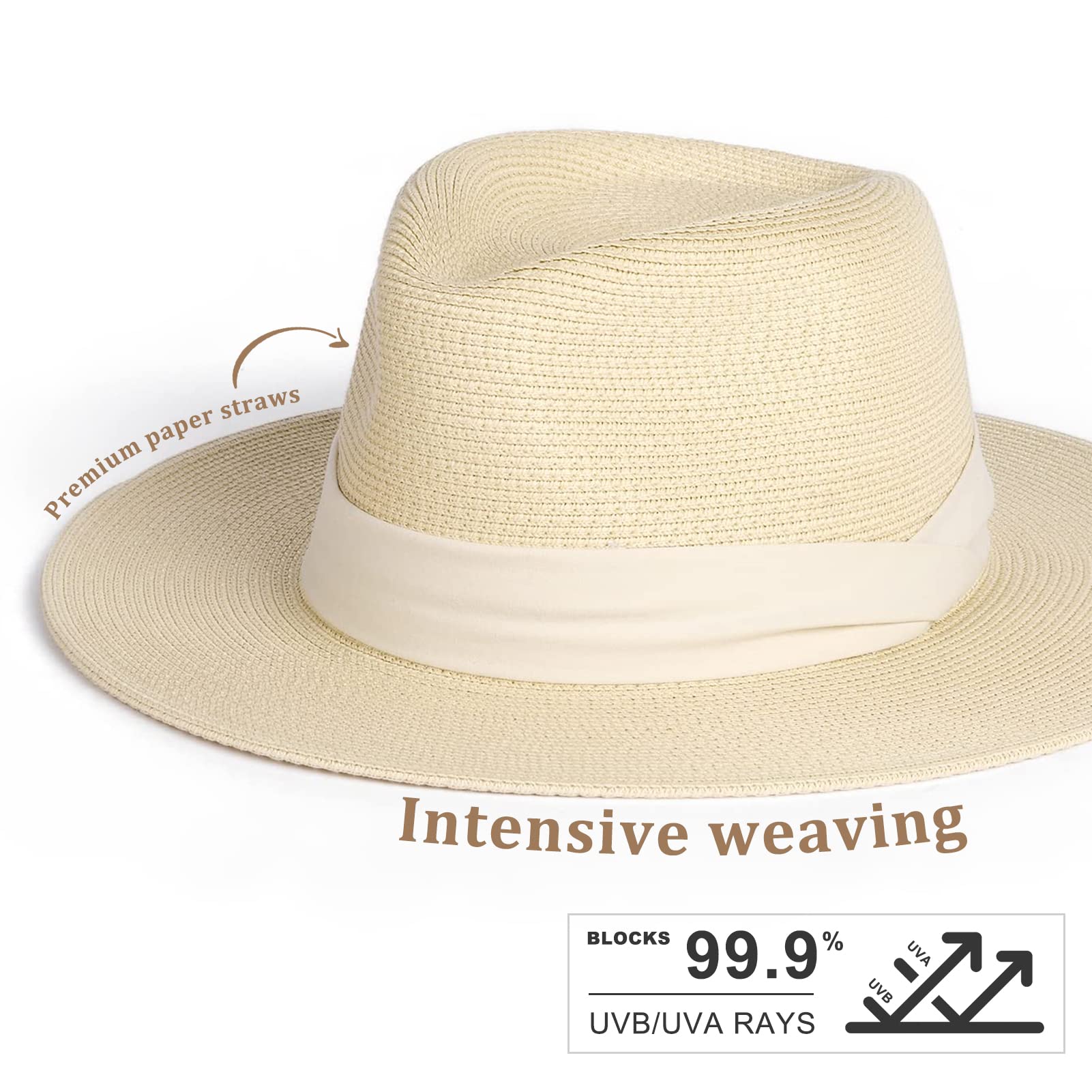 FURTALK Womens Mens Wide Brim Straw Panama Hat Fedora Summer Beach Sun Hat UPF Straw Hat for Women Beige-White