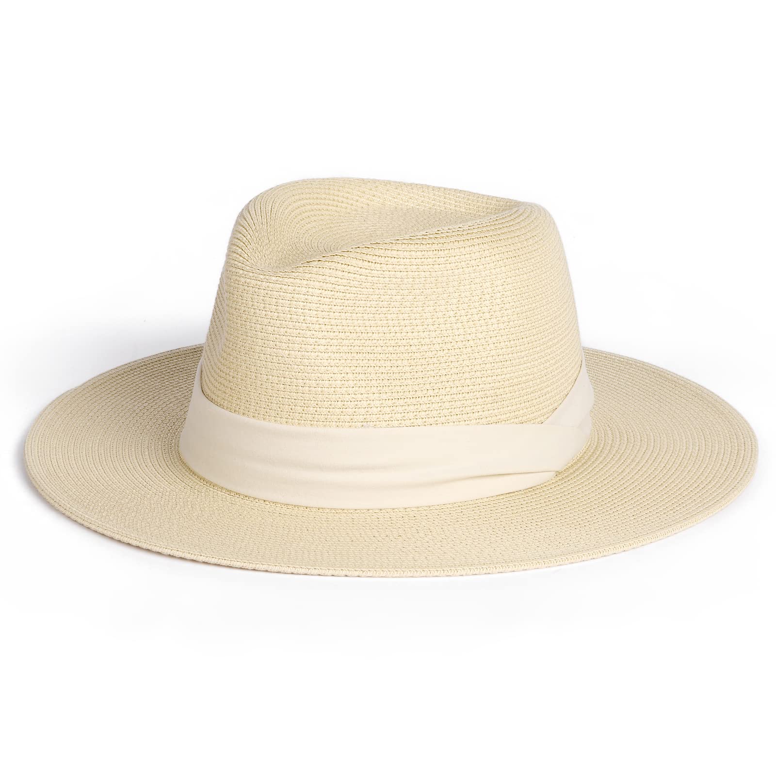 FURTALK Womens Mens Wide Brim Straw Panama Hat Fedora Summer Beach Sun Hat UPF Straw Hat for Women Beige-White