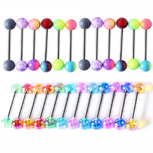 riuziyi 24pcs tongue rings for women candy color ball tongue nipple piercing 14g surgical steel barbell tongue retainer body jewelry bar length 16mm (style2-24pack)