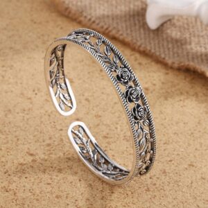 FUTIMELY Silver Leaf Bracelet Vintage Adjustable Feather Bracelet Trendy Hollow Rose Flower Leaves Cuff Bangle Wedding Bangle for Women Men (Rose Flower Bracelet)