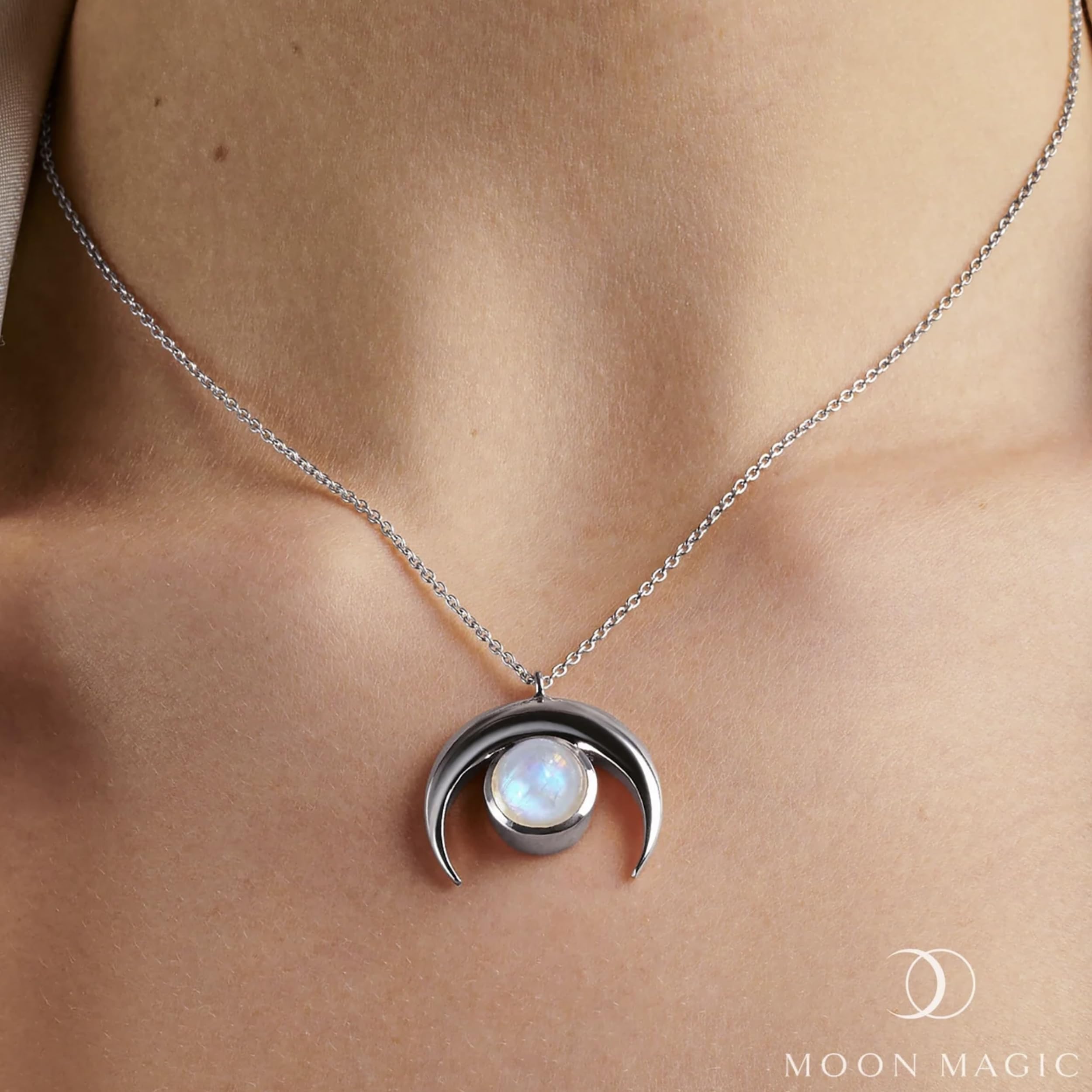 Moon Magic - Authentic Moonstone Necklace - Crescent Moon/Real 925 Sterling Silver Rainbow Moonstone Necklaces for Women/Genuine Moonstone Jewelry