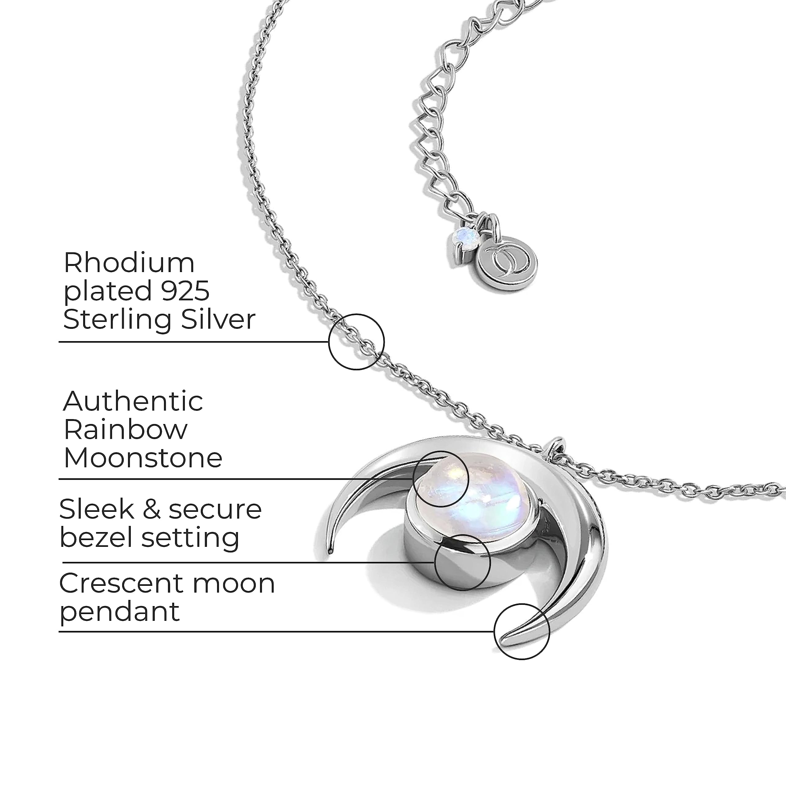 Moon Magic - Authentic Moonstone Necklace - Crescent Moon/Real 925 Sterling Silver Rainbow Moonstone Necklaces for Women/Genuine Moonstone Jewelry