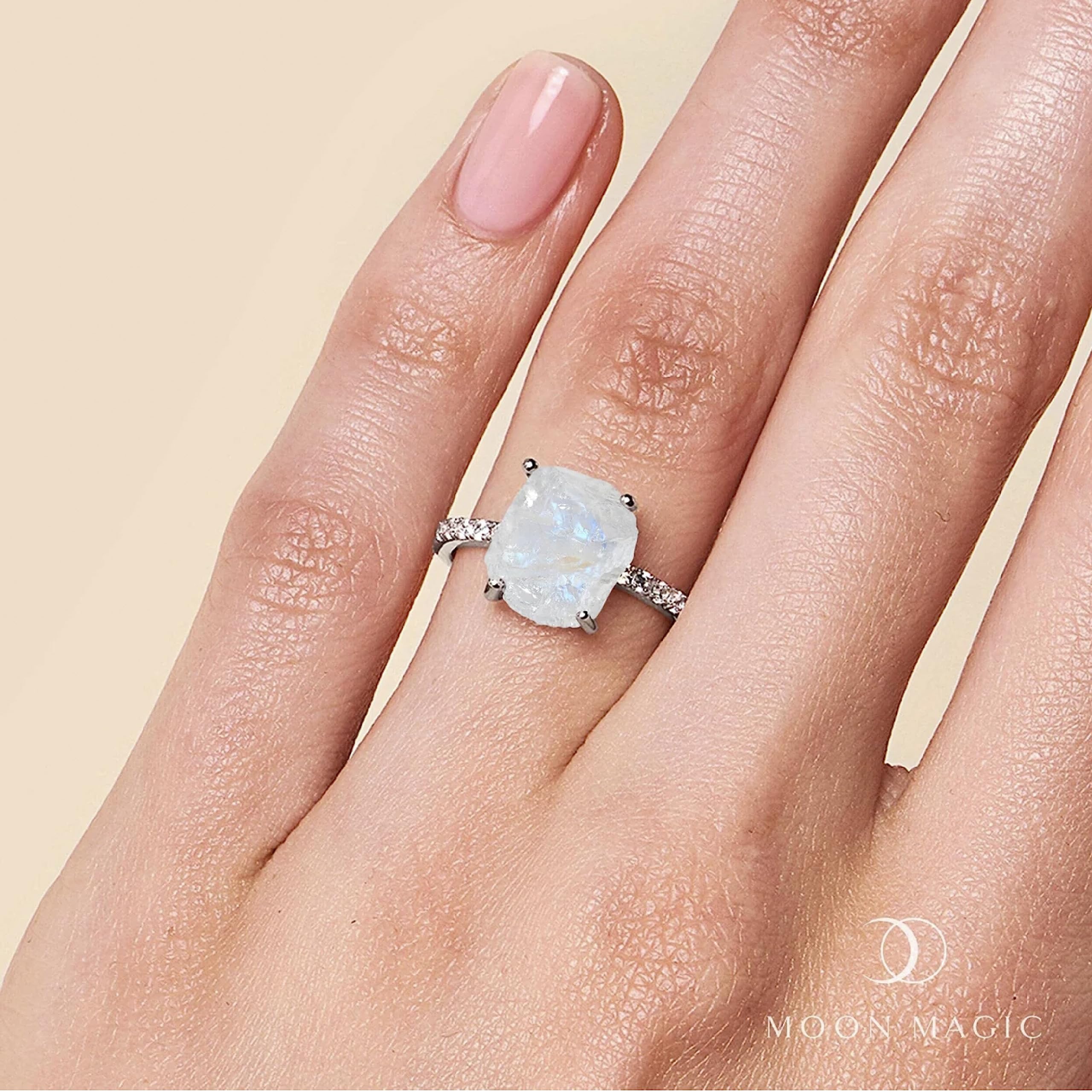 Moon Magic - Authentic Moonstone Ring - Ritzy Moonstone/Real 925 Sterling Silver Raw Rainbow Moonstone Rings for Women/Genuine Moonstone Jewelry